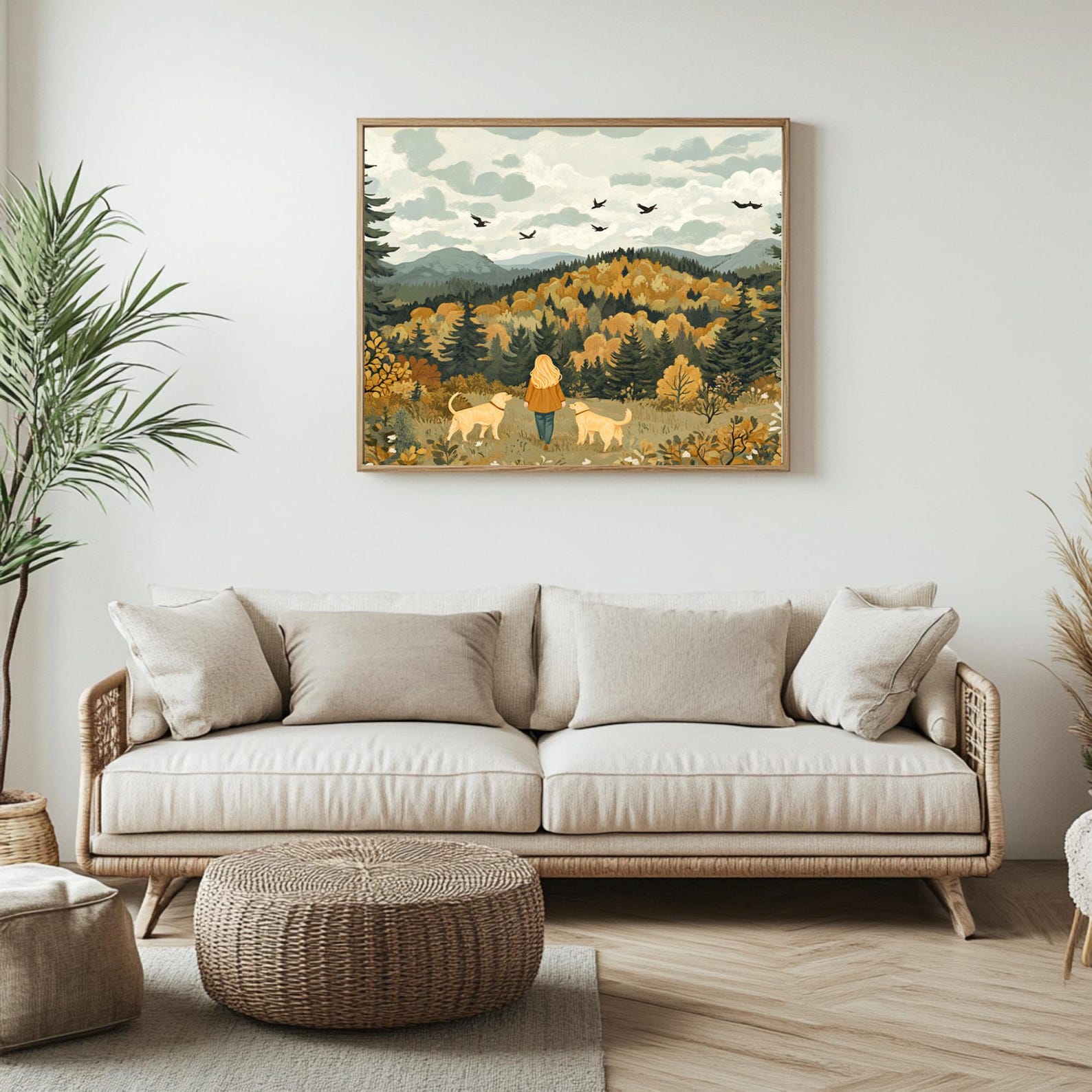 Autumn Walks Art Print: Golden Retrievers, Cottagecore Fall Landscape ...