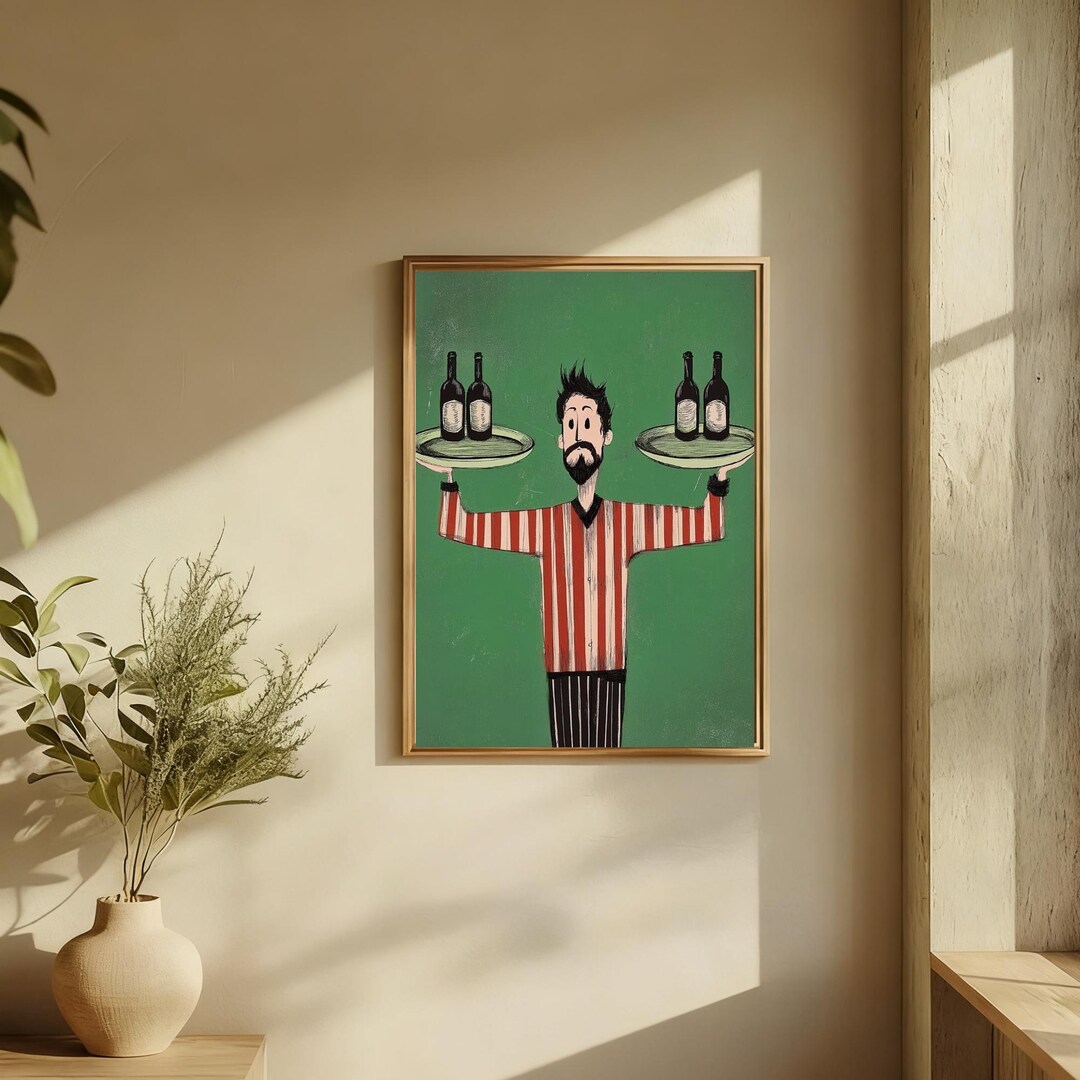 Retro Waiter Illustration, Funny Kitchen Wall Art, Mid Century Modern ...