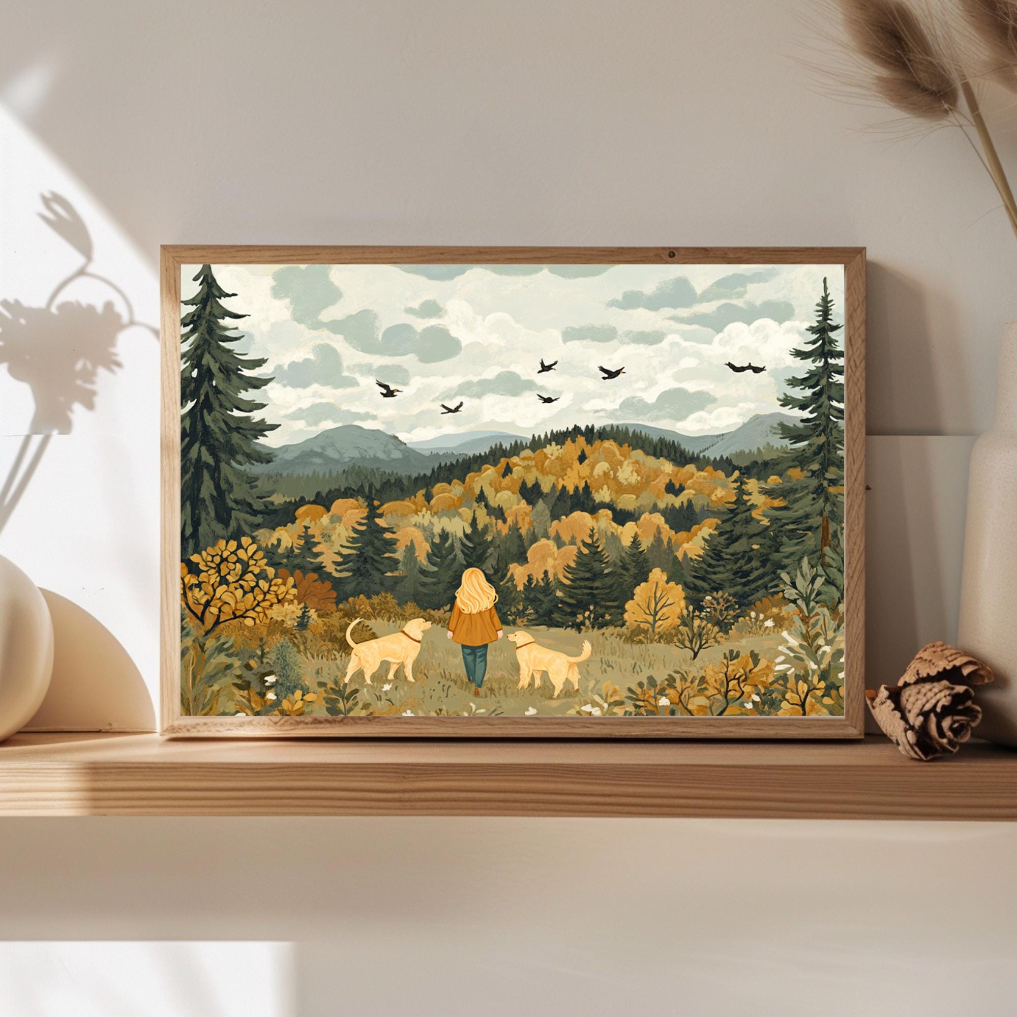 Autumn Walks Art Print: Golden Retrievers, Cottagecore Fall Landscape ...