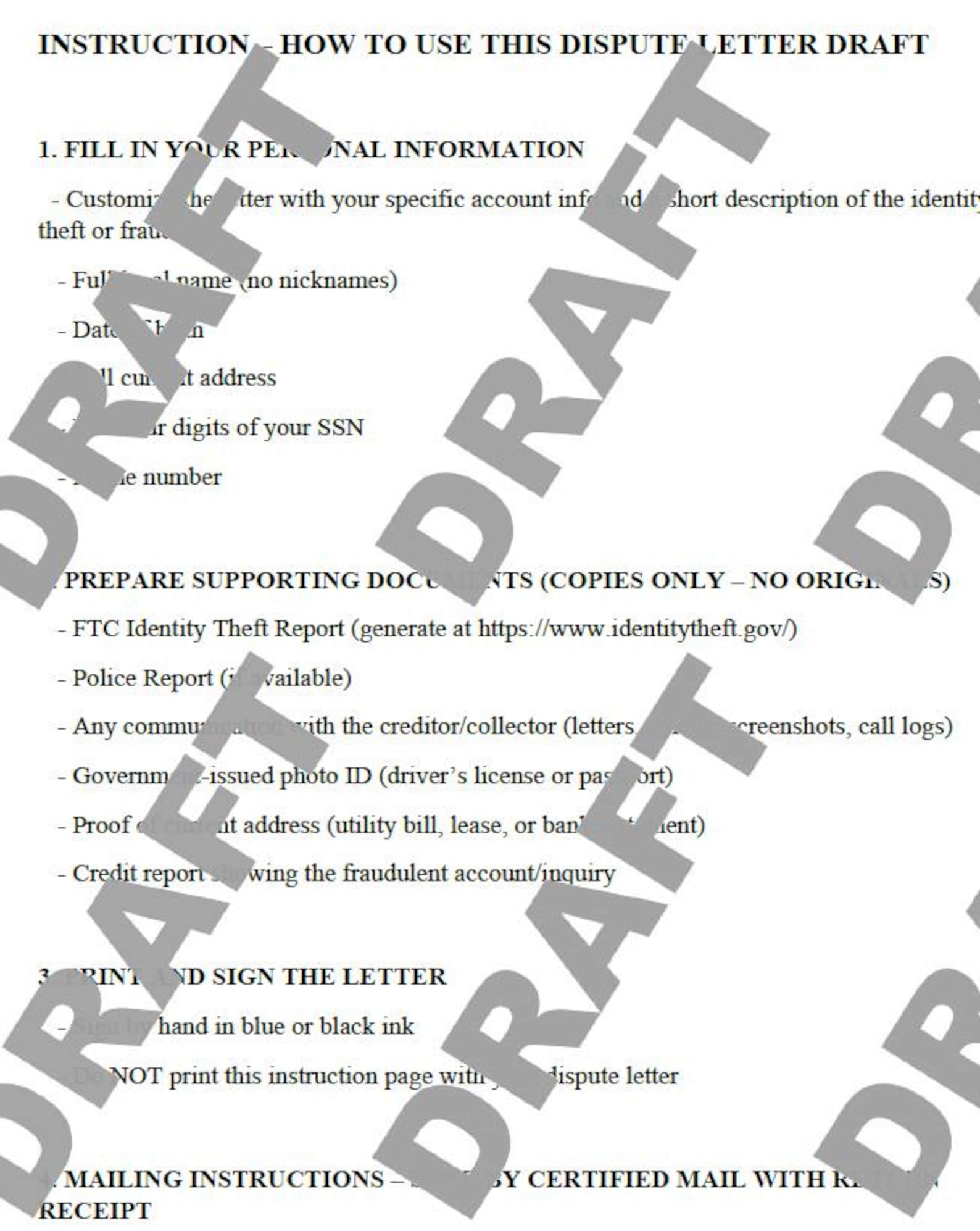Identity Theft Dispute Letter Template – Editable FCRA Complaint ...