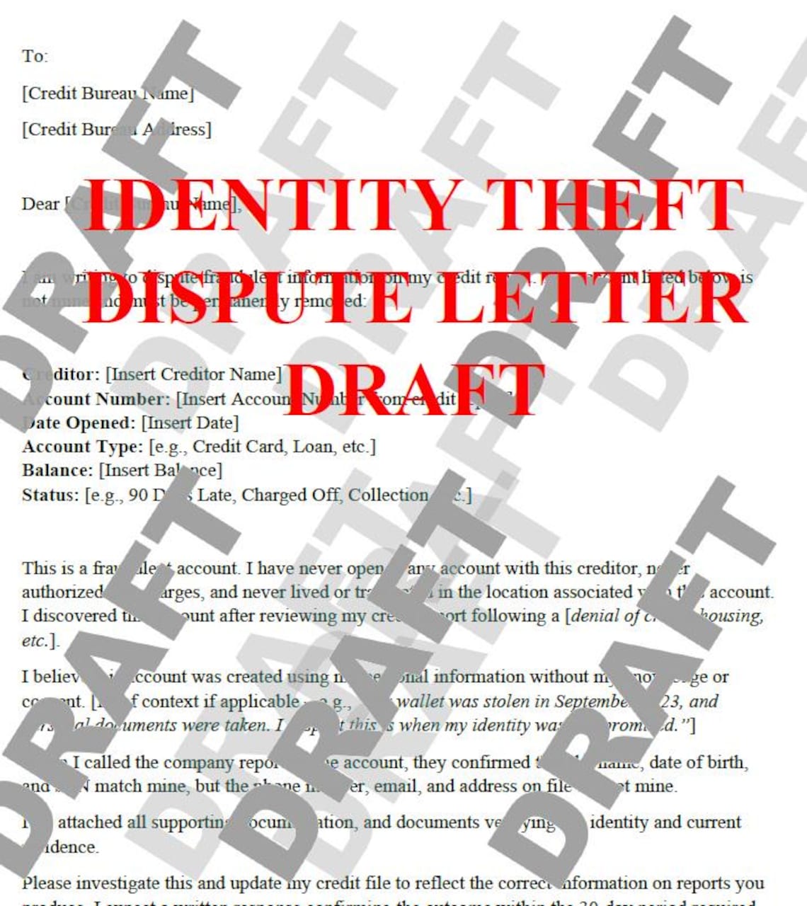 Identity Theft Dispute Letter Template – Editable FCRA Complaint ...