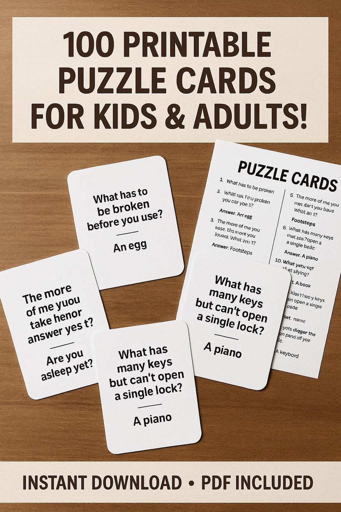 Printable Brain Teaser Cards PDF – 100 Riddles for Kids & Adults – Fun ...