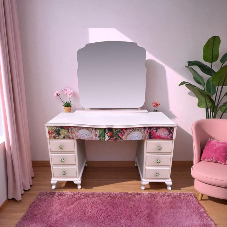 Pink Dressing Table, Upcycled, Painted Pink With Burgundy Highlights ...