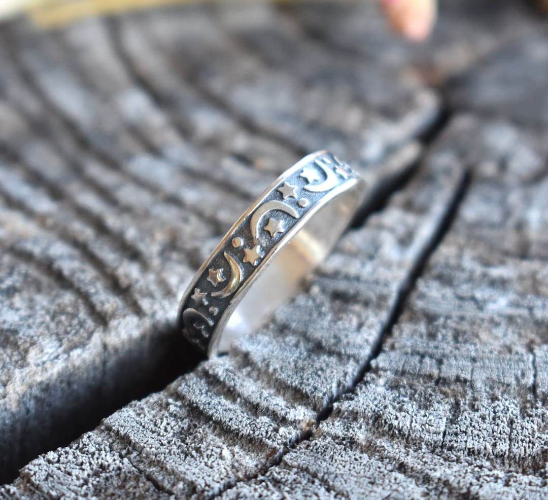 Moon and Stars Ring, Crescent Moon Ring, Stars Ring, Celestial Ring ...