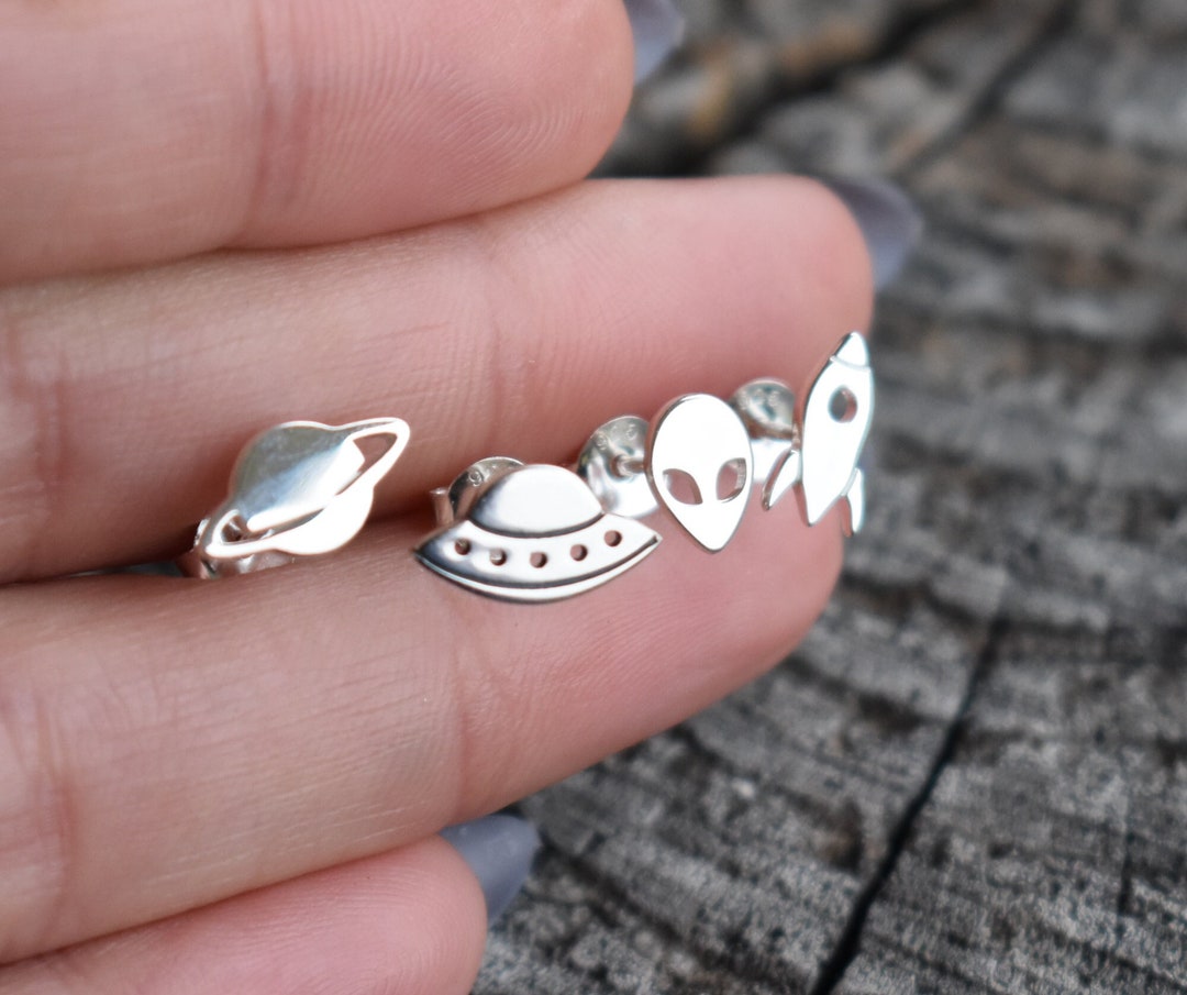 Space Stud Earrings, Outer Space Posts, Rocket Studs, UFO Stud Earrings, Planet Earrings, Alien ...