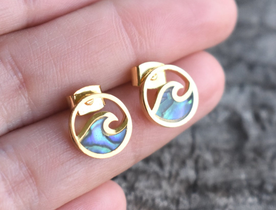 Gold Abalone Wave Stud Earrings, Pura Vida Studs, Gold Wave Jewelry, Gift for Her, Ocean Lover ...