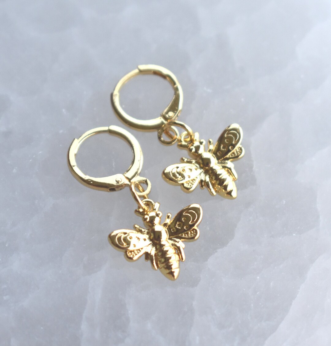 Gold Bee Huggie Hoops, Bee Hoops, Bee Dangle, Bee Earrings, 14K Goldfill, Bee Lover, Gift for ...