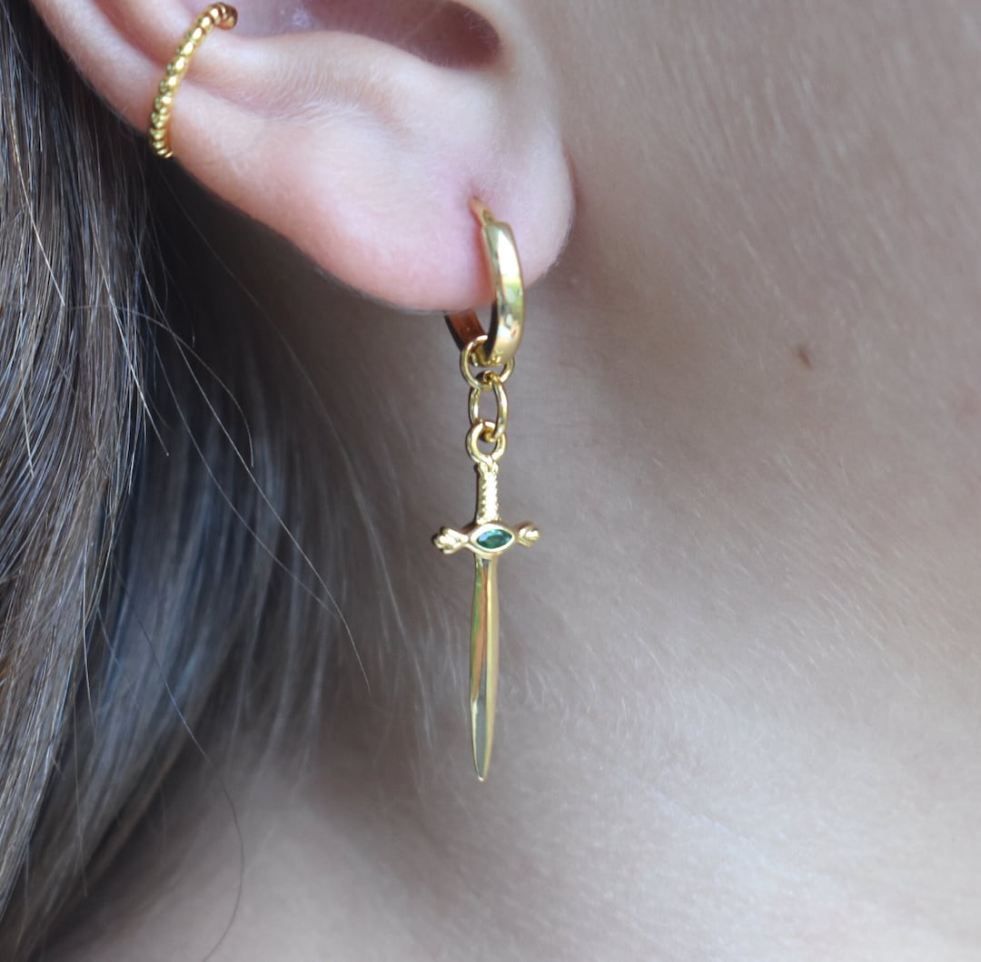Sword Dangle Hoop Earrings, Gold Sword Earrings, Gold Hoop, Sword ...