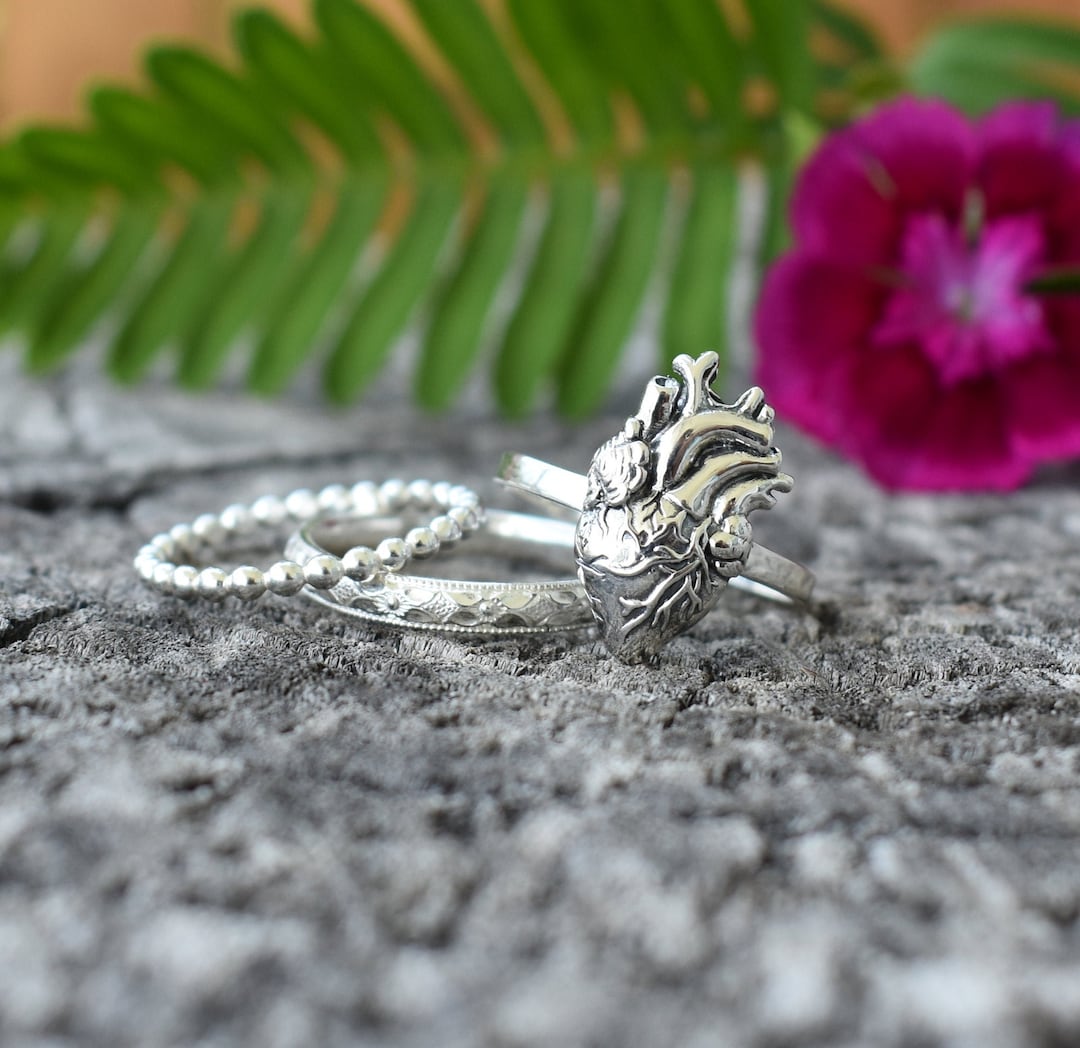 Anatomical Heart Ring, Sterling Silver Heart, Realistic Heart, Human ...