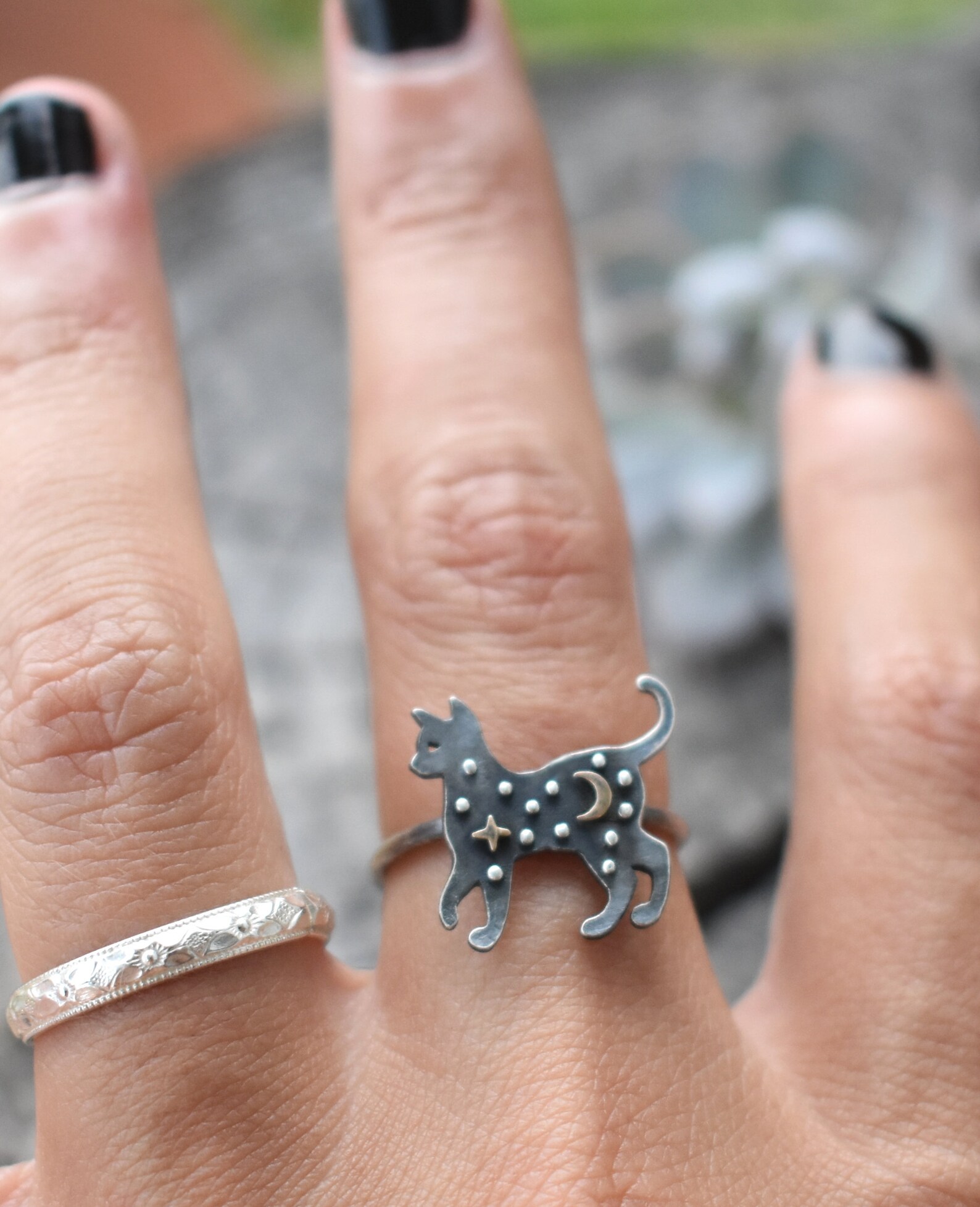 Cat Ring Black cat ring moon and star cat gothic wiccan | Etsy