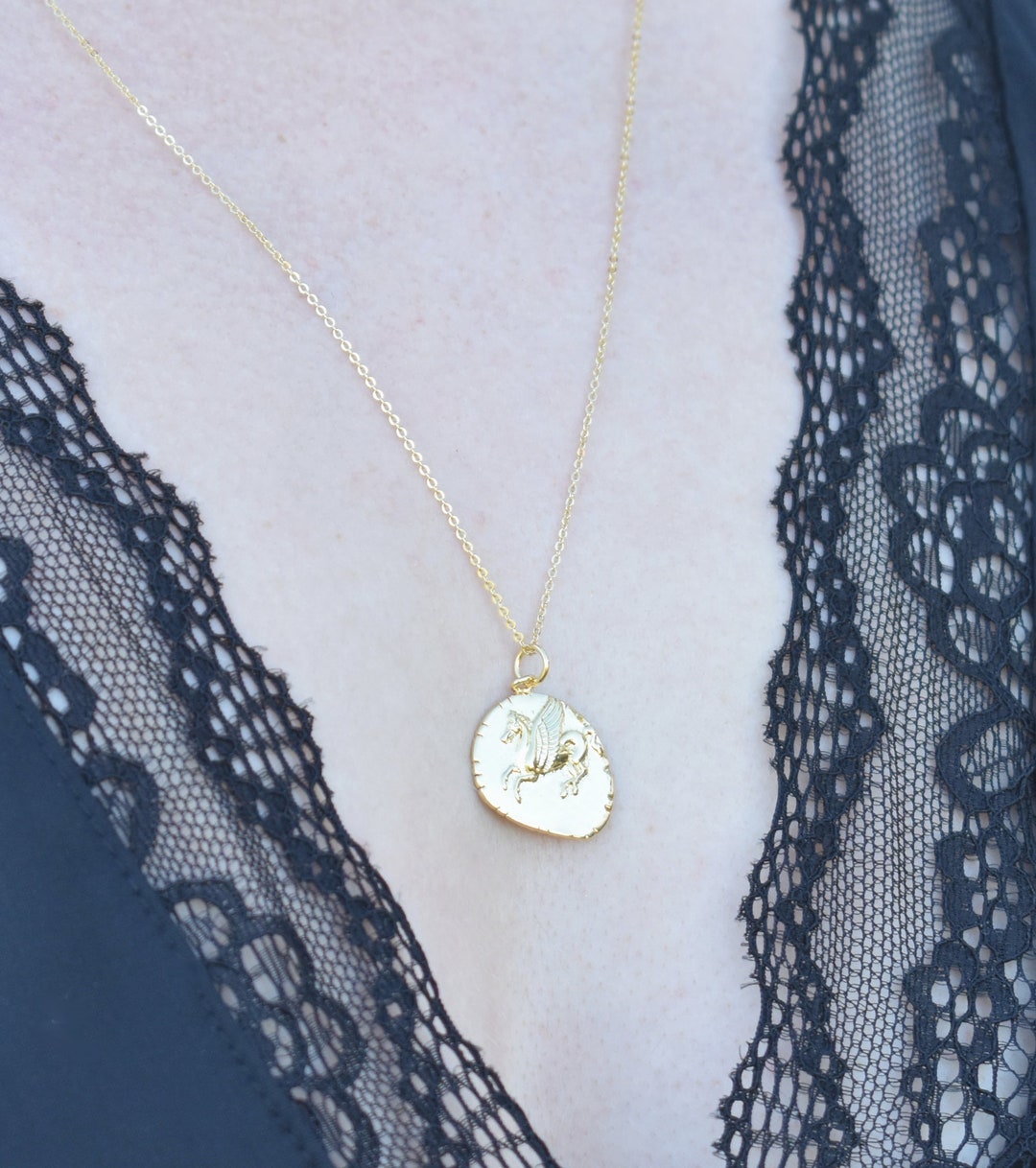 Gold Greek Pegasus Necklace, Coin Necklace, 14k Gold Fill, Minimalist ...