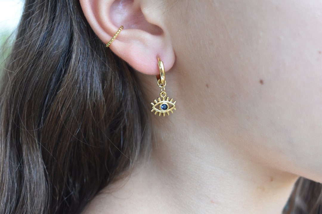 Gold Eye Hoops, Eye Huggies, Eye Huggie Hoops, Sapphire Hoops, Blue Eye ...