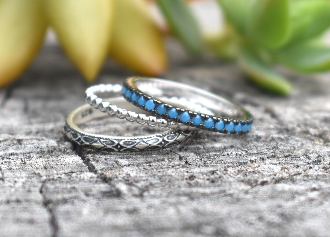 Turquoise Eternity Ring, Natural Turquoise Ring, Genuine Turquoise Ring, Boho Ring, Micro Pave ...