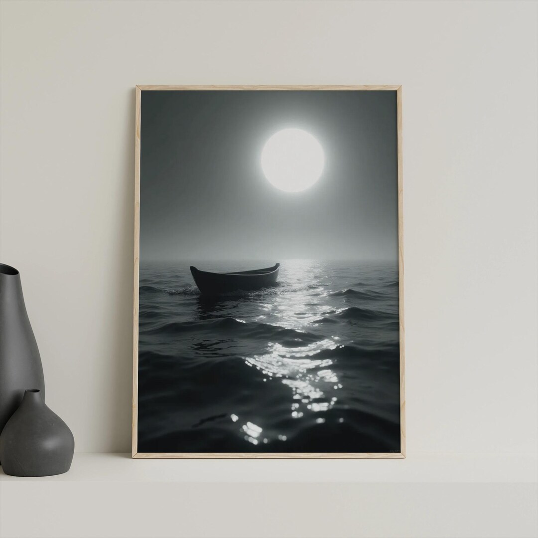 Minimalist Zen Boat Under Full Moon – Black and White Ocean Photography ...