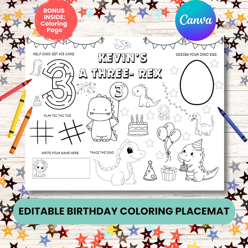 Editable Dinosaur Birthday Coloring Placemat, Printable Birthday Party ...
