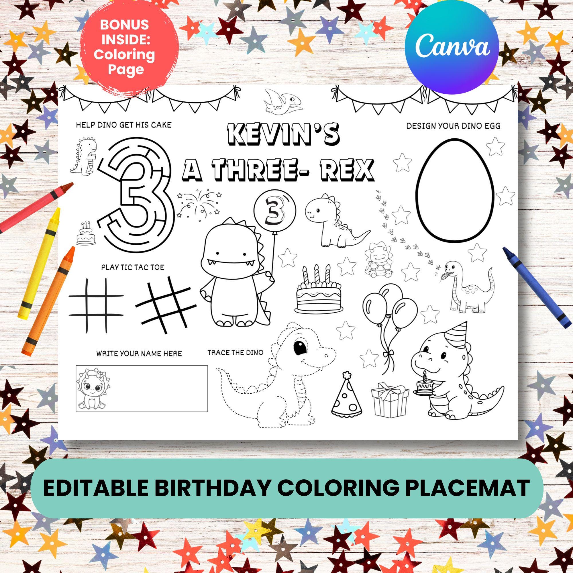 Editable Dinosaur Birthday Coloring Placemat, Printable Birthday Party ...