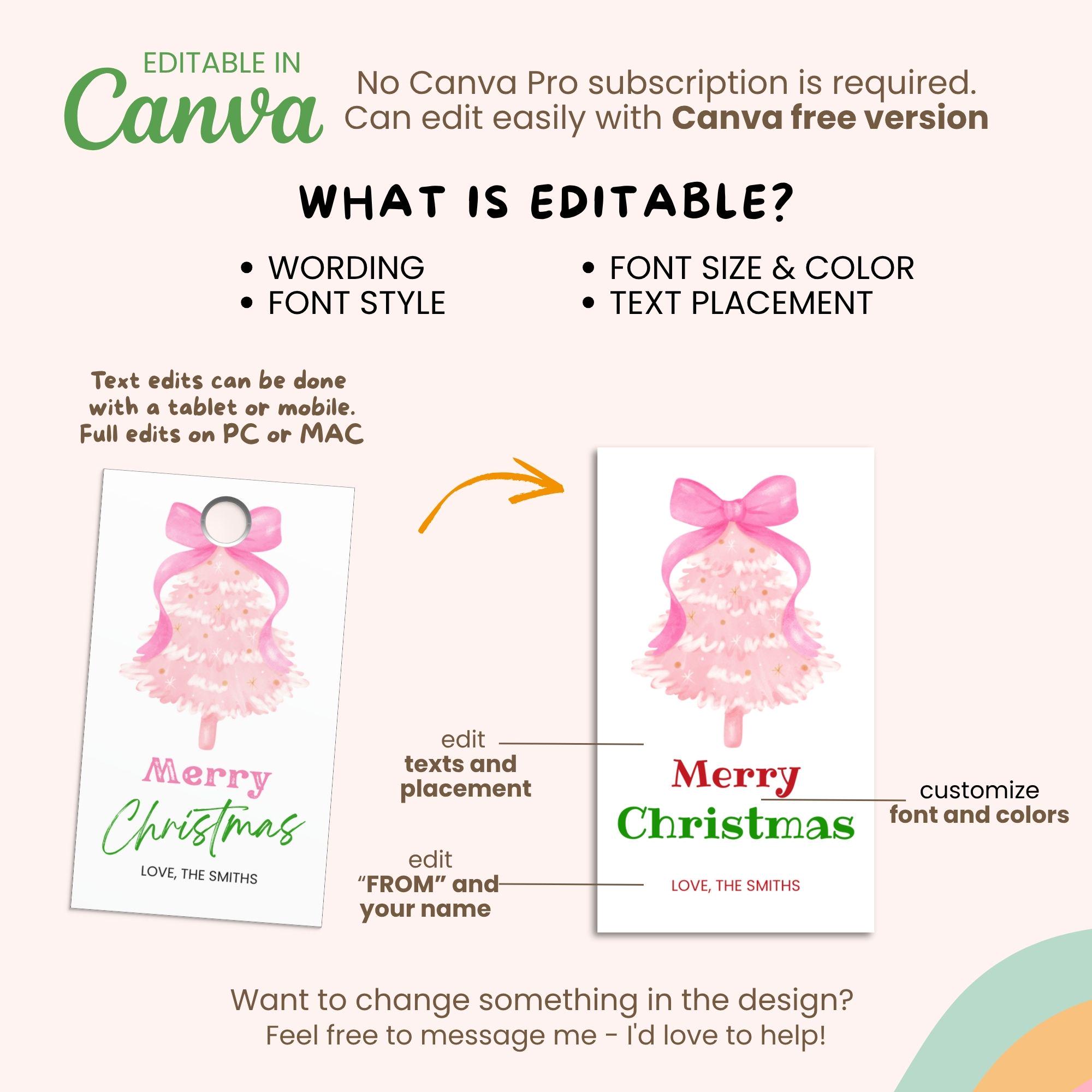 Editable Christmas Gift Tags Template, Pink Holiday Tags, Printable ...