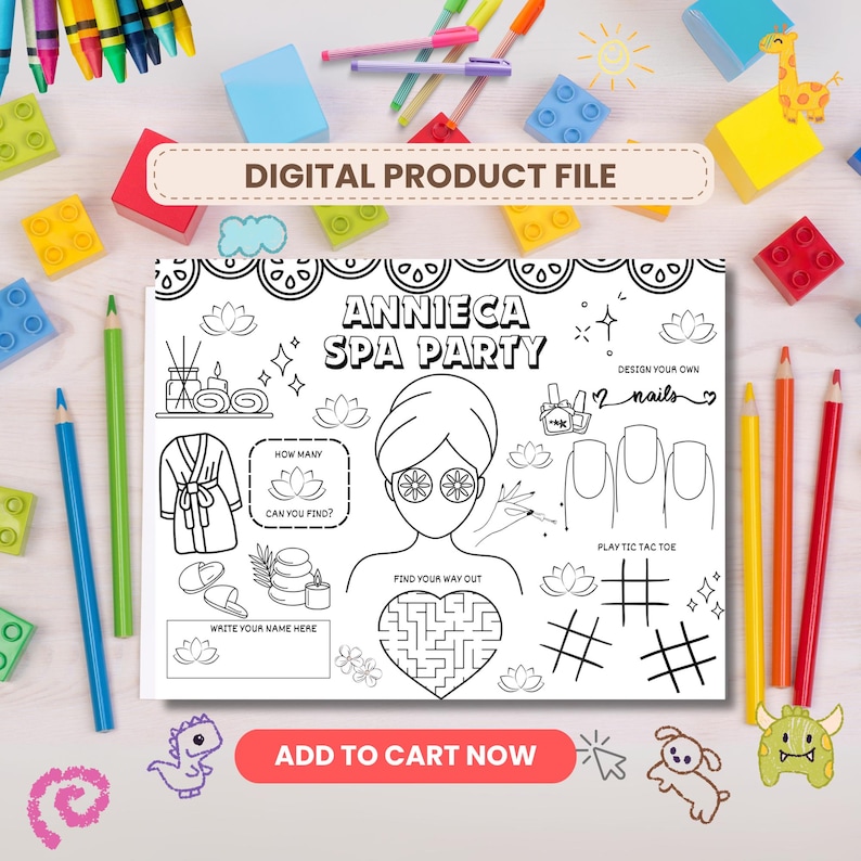 Editable Spa Party Coloring Placemat, Kids Spa Party Games, Sleepover ...