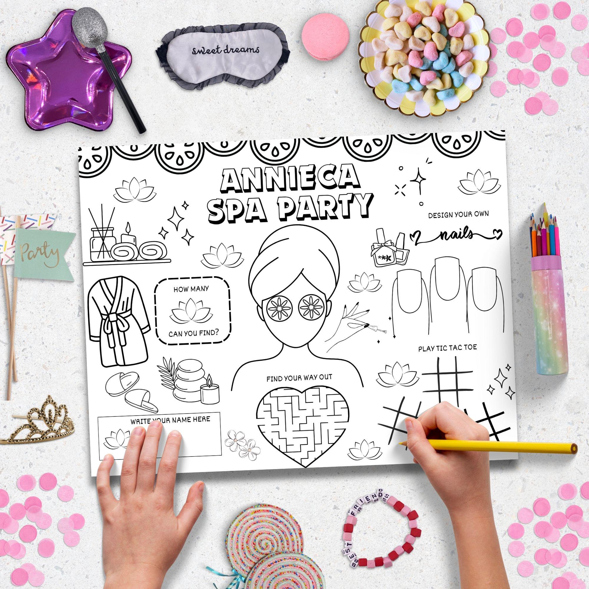 Editable Spa Party Coloring Placemat, Kids Spa Party Games, Sleepover ...