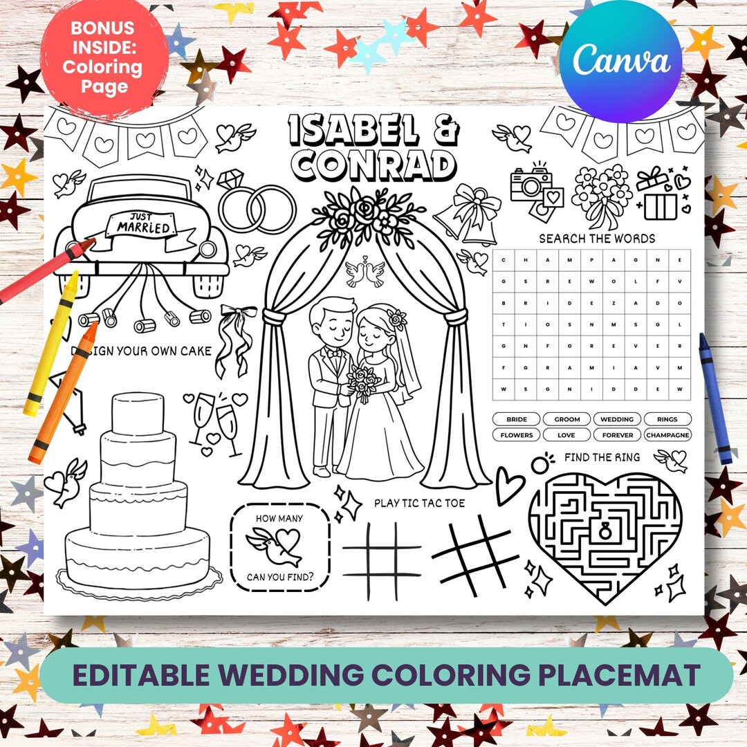 Personalized Wedding Coloring Placemat for Kids, Editable Placemat ...