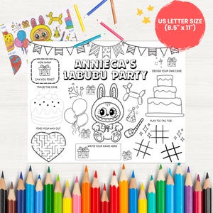 Editable LABUBU Coloring Birthday Placemat, Party Activity Sheet, Kids ...