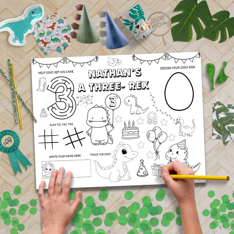 Editable Dinosaur Birthday Coloring Placemat, Printable Birthday Party ...