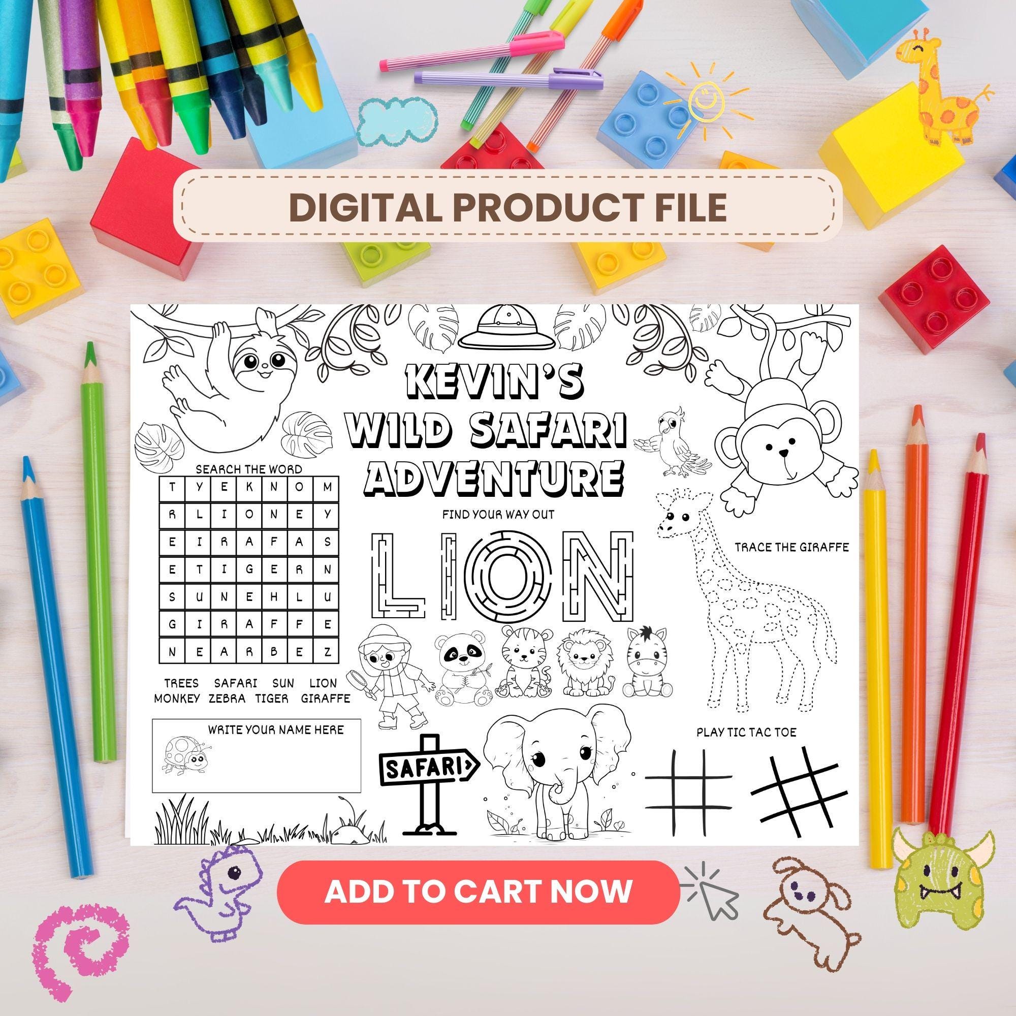 Editable Safari Birthday Coloring Placemat, Jungle Animals Party ...