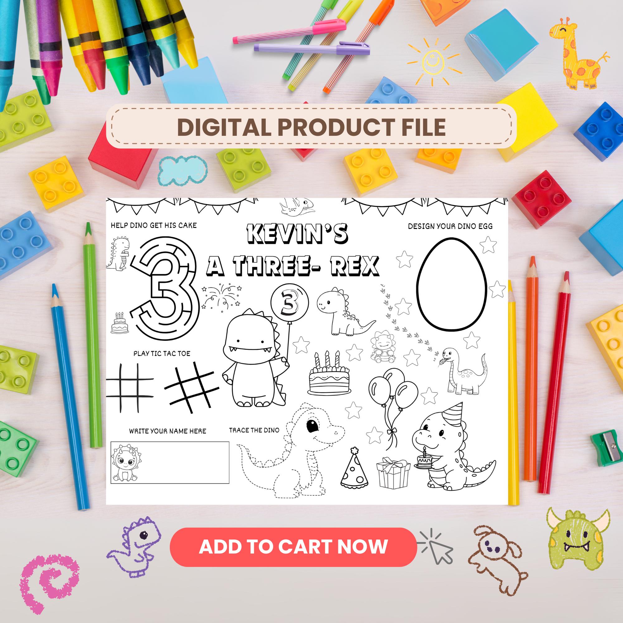 Editable Dinosaur Birthday Coloring Placemat, Printable Birthday Party ...