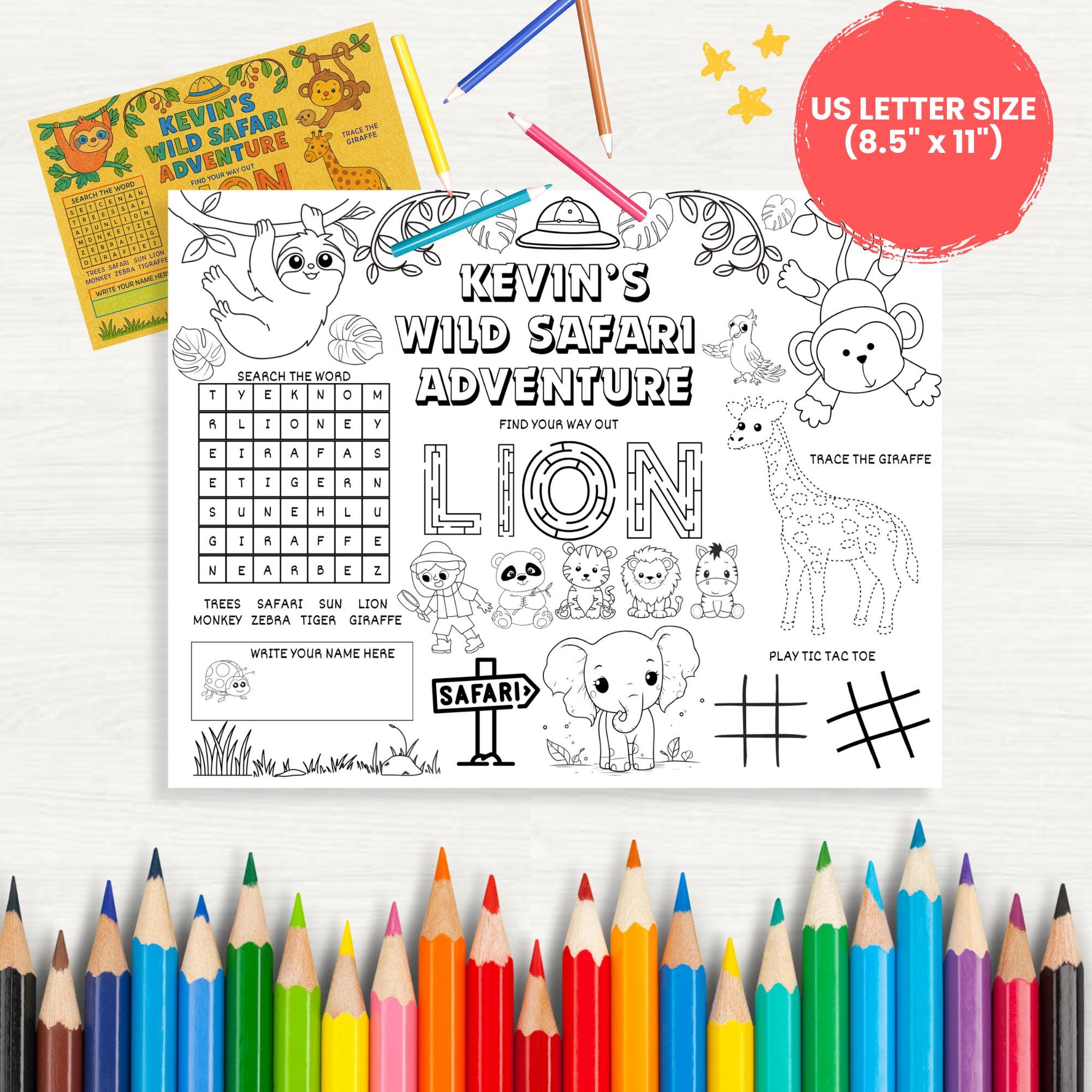Editable Safari Birthday Coloring Placemat, Jungle Animals Party ...
