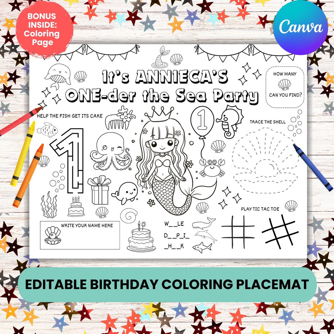 Editable Mermaid Birthday Coloring Placemat, Printable Under the Sea ...