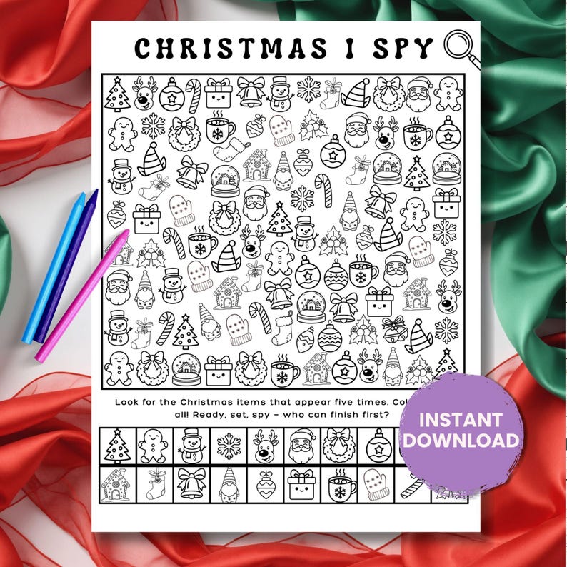 Christmas I Spy Printable Coloring Worksheets, Kids Holiday Seek and ...