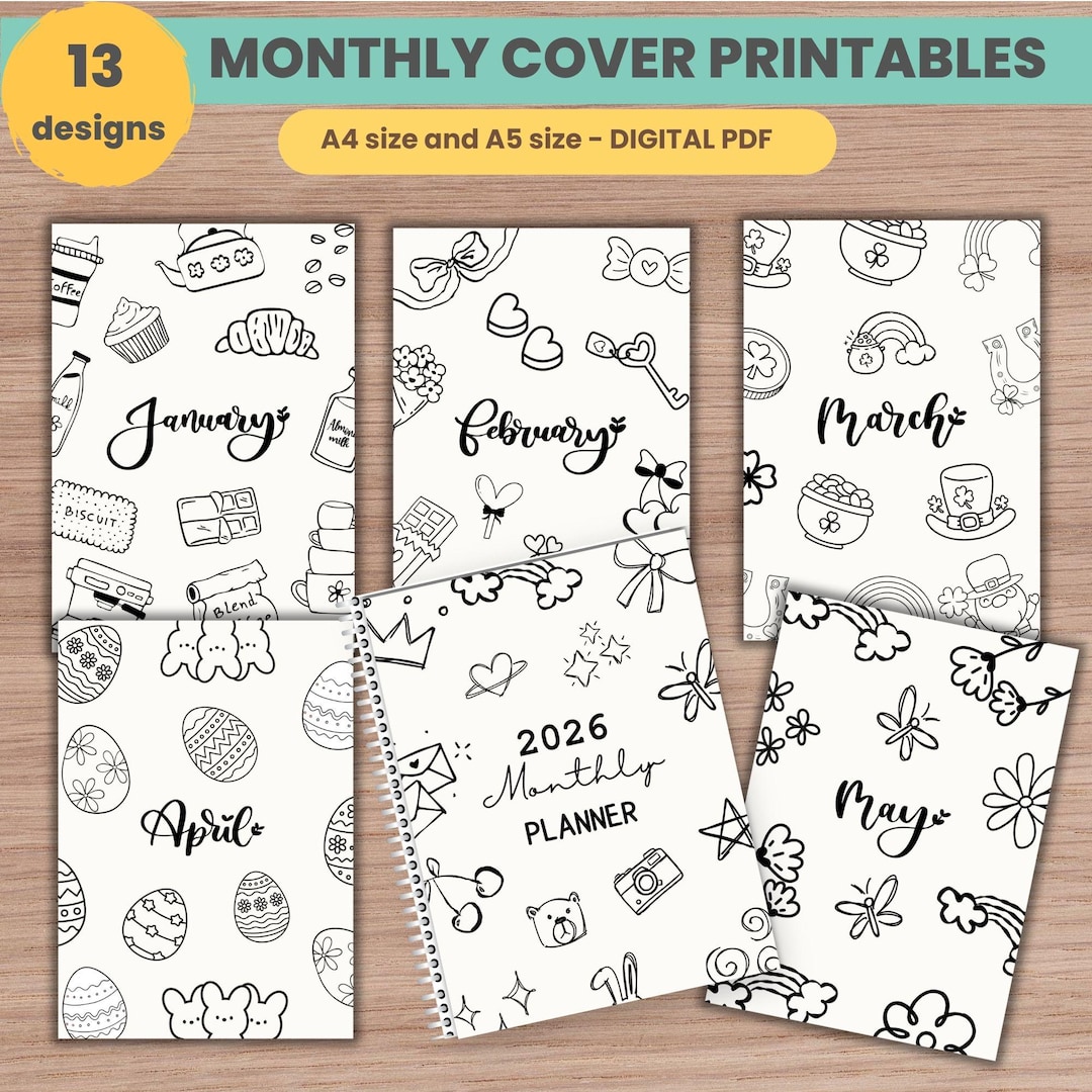 12 Monthly Title Printable Pages Bundle, 2026 Journal Cover Pages ...