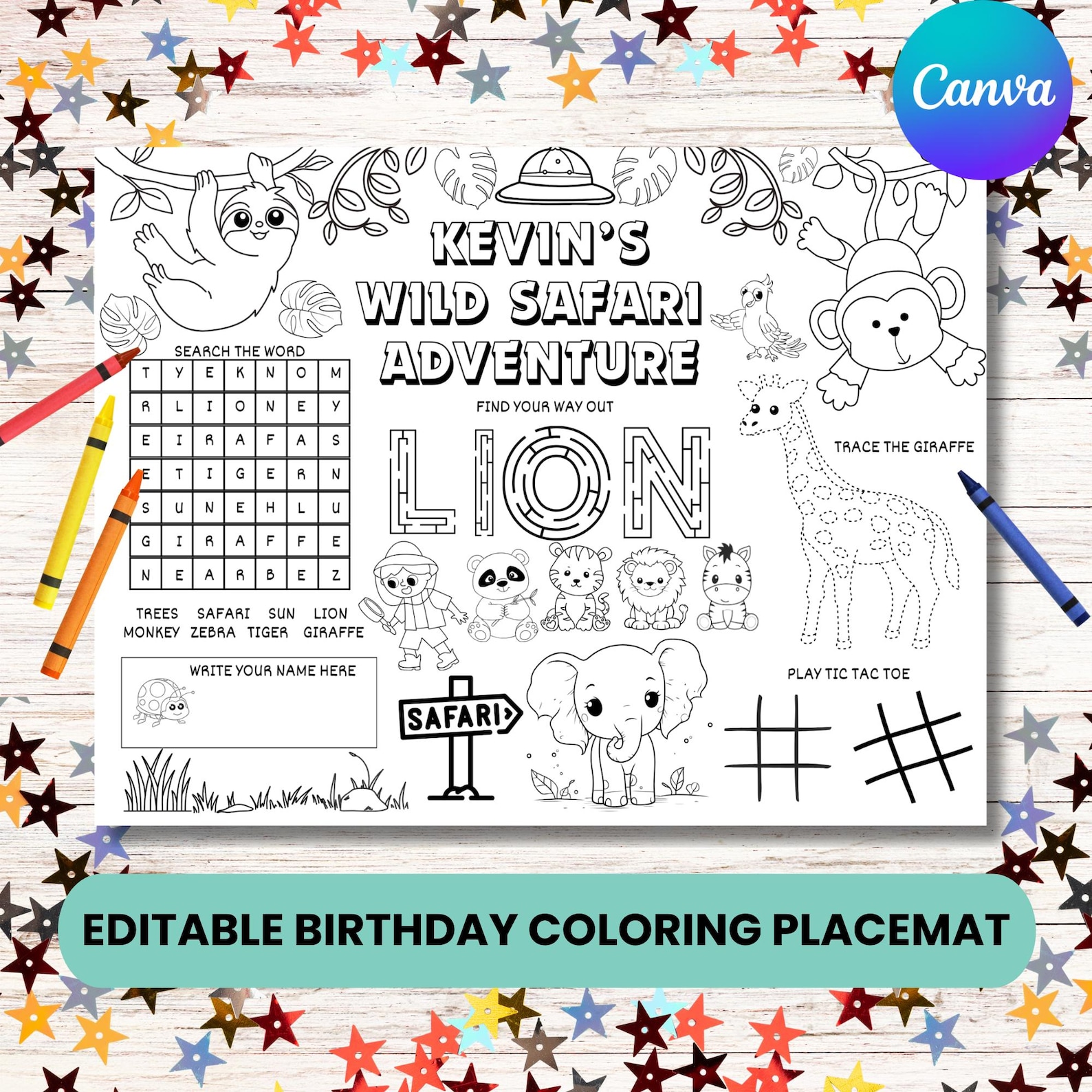 Editable Safari Birthday Coloring Placemat, Jungle Animals Party ...