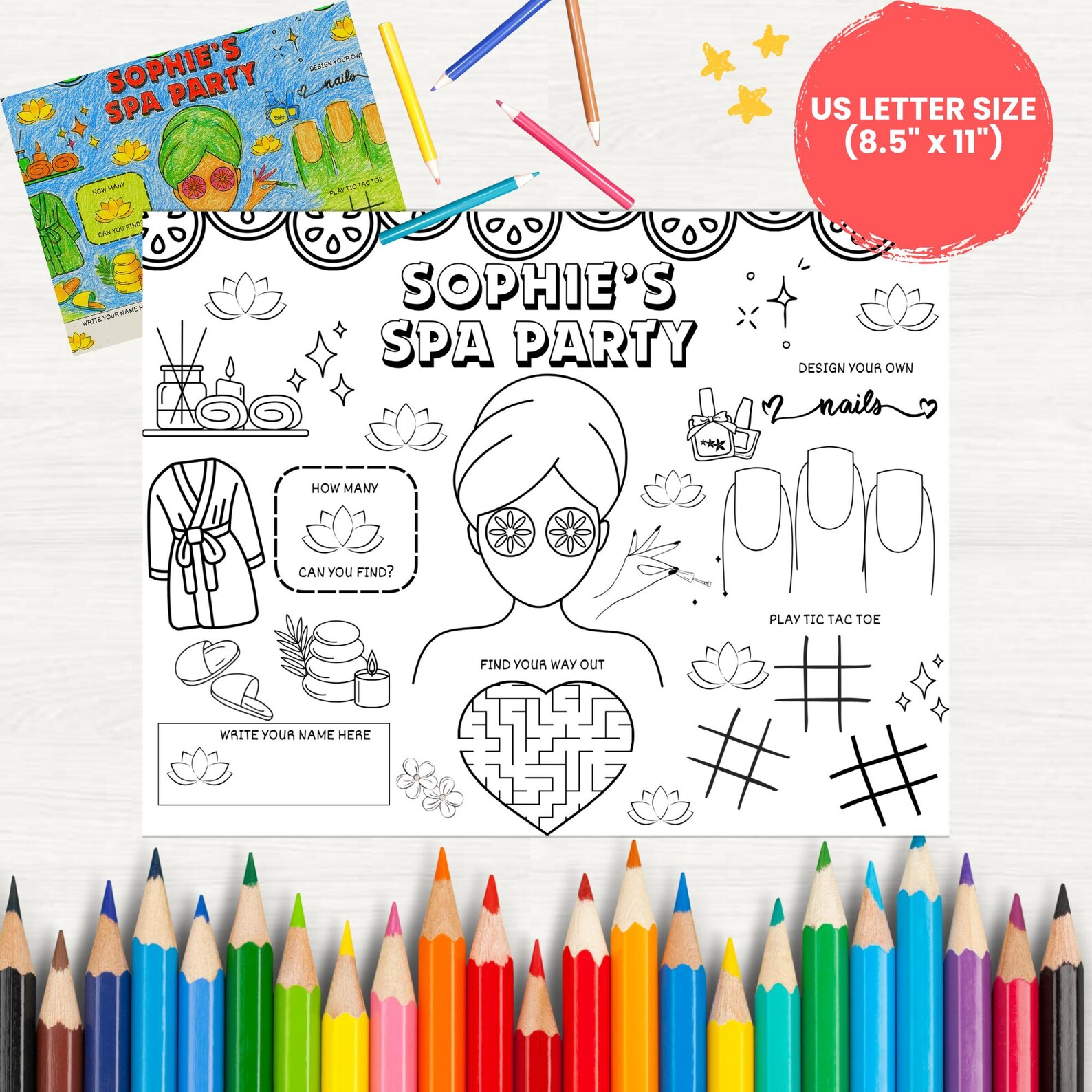 Editable Spa Party Coloring Placemat, Kids Spa Party Games, Sleepover ...