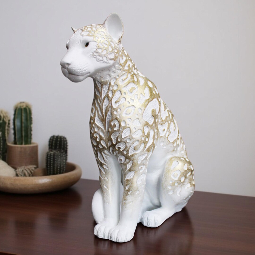 White and Gold Panther Statue - Handmade Luxury Decorative Art, Stylish ...