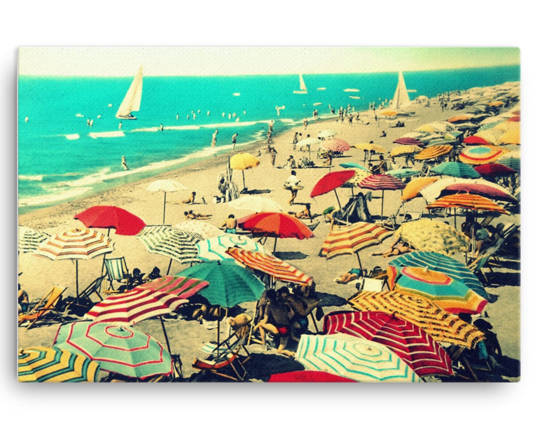 Vintage Beach Umbrellas Print on Canvas Vintage Art Beachy Wall Art Crowded Beach in Italy Photo Living Room Art 24x36 Coastal Wall Art Etsy