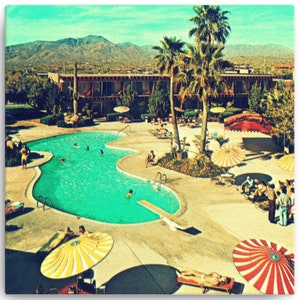Vintage-inspired Mid-century Modern Swimming Pool Art Canvas 8x8 Print ...