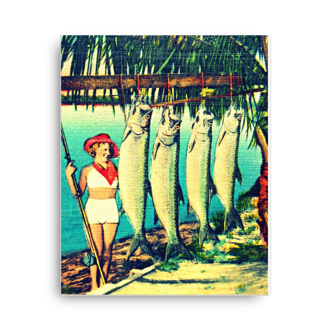 Canvas Wall Art Fishing, Vintage Photo Girl With Tarpon Catch, Woman ...