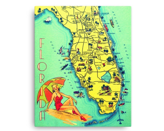Mid Century Florida Map Vintage Florida Canvas Wall Art - Etsy
