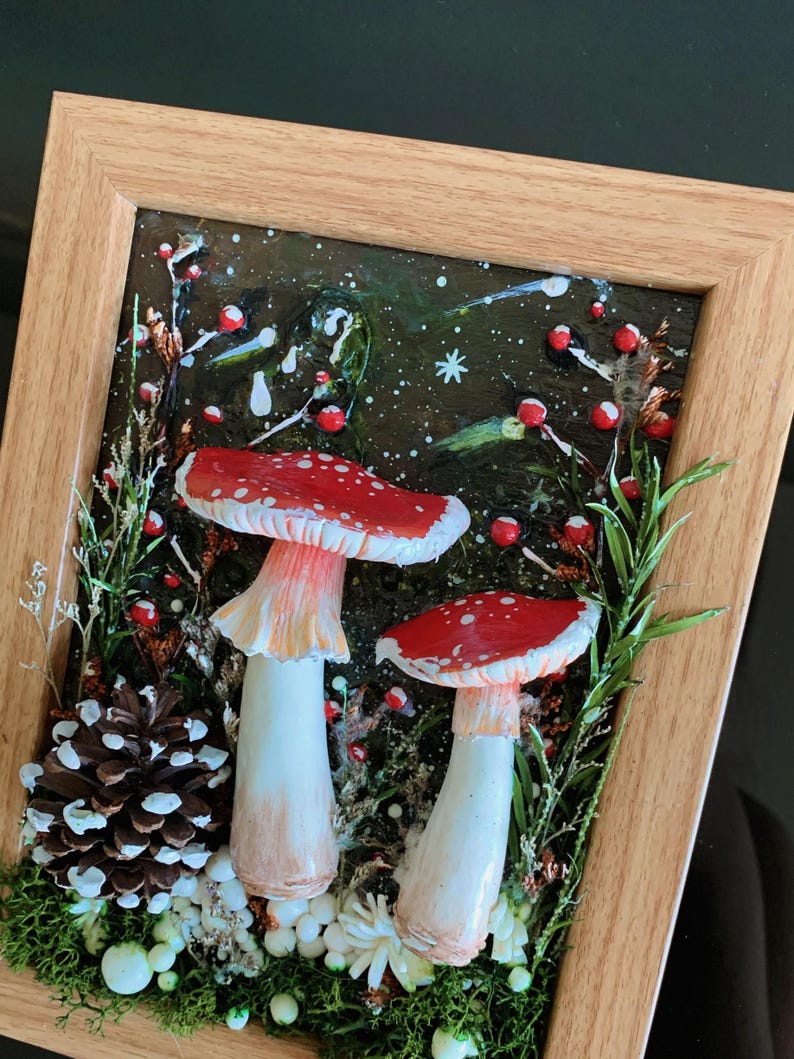 Red Amanita Mushroom Winter Terrarium, Snowy 3D Clay Art in Glass ...