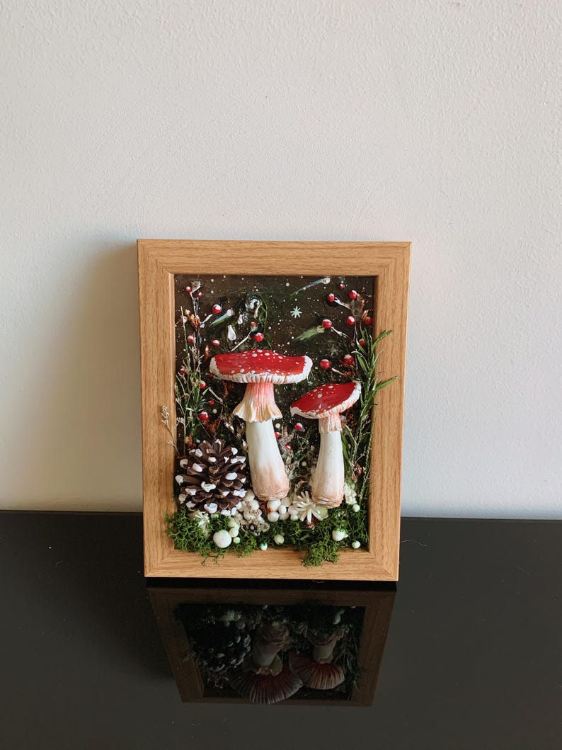Red Amanita Mushroom Winter Terrarium, Snowy 3D Clay Art in Glass ...