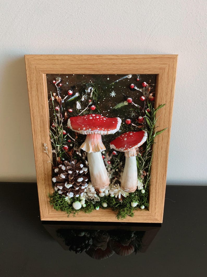 Red Amanita Mushroom Winter Terrarium, Snowy 3D Clay Art in Glass ...