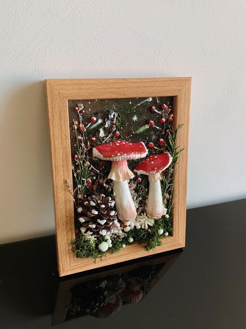 Red Amanita Mushroom Winter Terrarium, Snowy 3D Clay Art in Glass ...