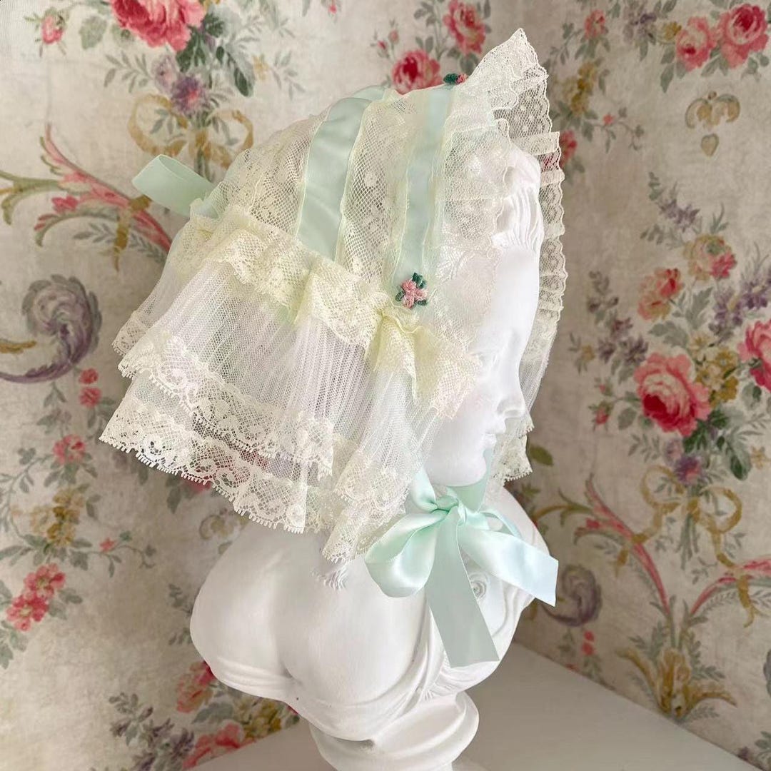 Vintage Mint Green Bridal Bonnet Hat - Lace Headband With Ribbon Flower ...