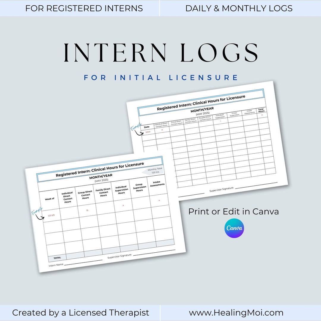 Registered Intern Clinical Hours Log Template | Psychotherapy Forms ...
