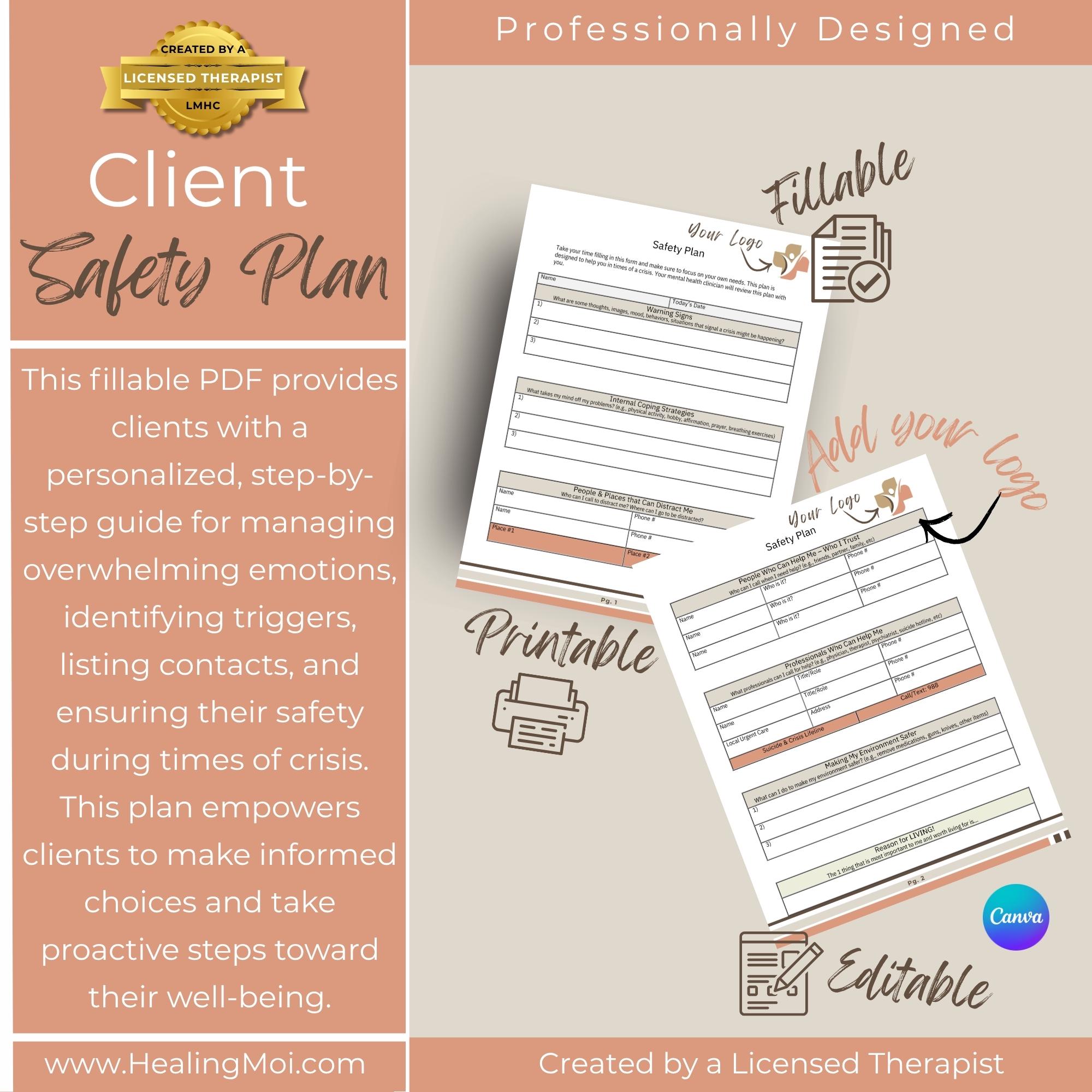 Client Safety Plan Editable Template | Therapy Crisis Prevention ...
