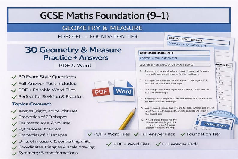 GCSE Maths Geometry and Measure: 30 Exam Questions, Edexcel (PDF and ...