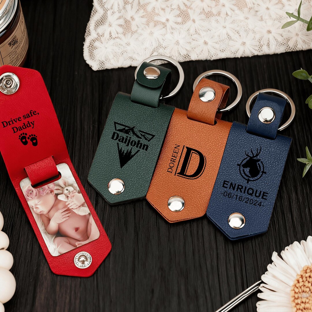 Engraved Leather Keychain: Personalized Mens Leather Keychain, Monogram ...