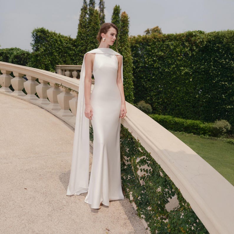 Silk Wedding Dress With Detachable Scarf – Minimalist White Gown, Long ...