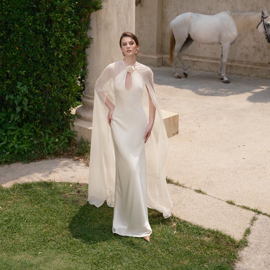 Silk Cape Dress White | Long Silk Wedding Dress | High Neck Bridal Gown ...